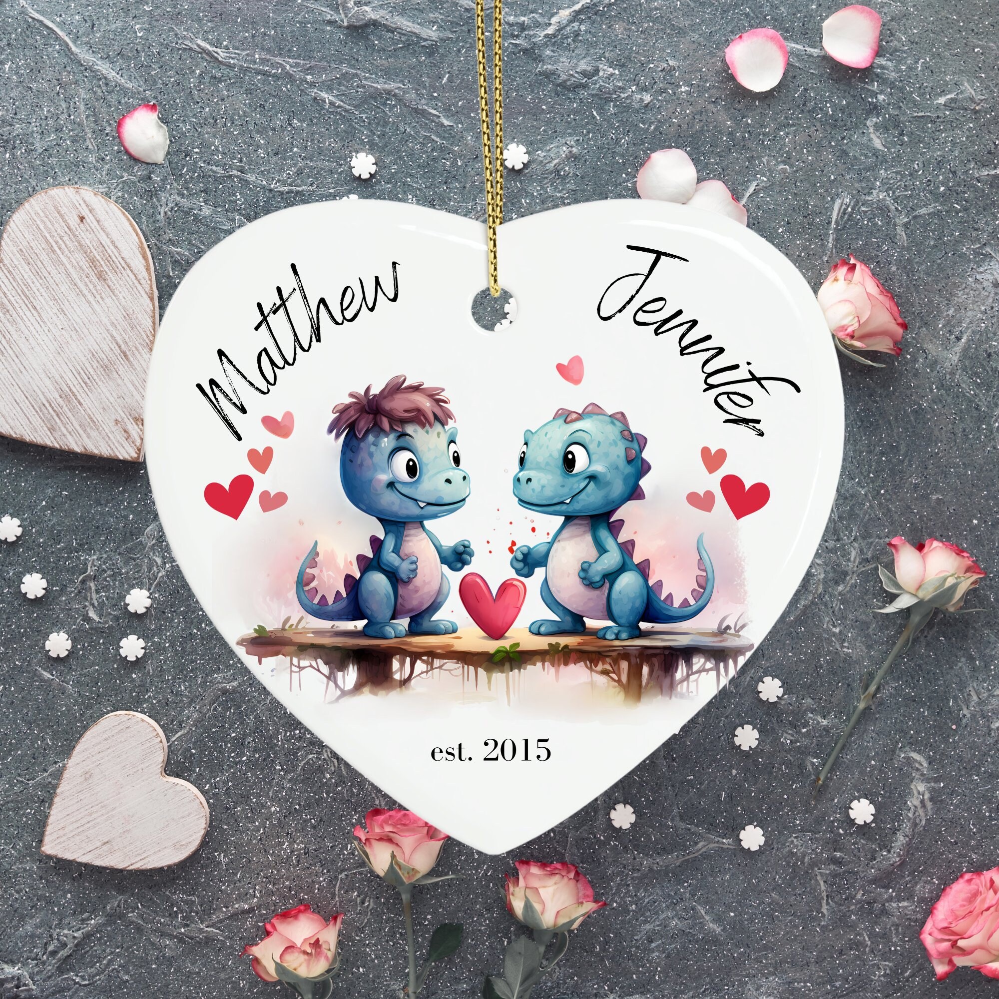 Cute Personalised Dinosaur Couple Ornament Ceramic Heart Ornament Lovers Keepsake Valentines Day ...