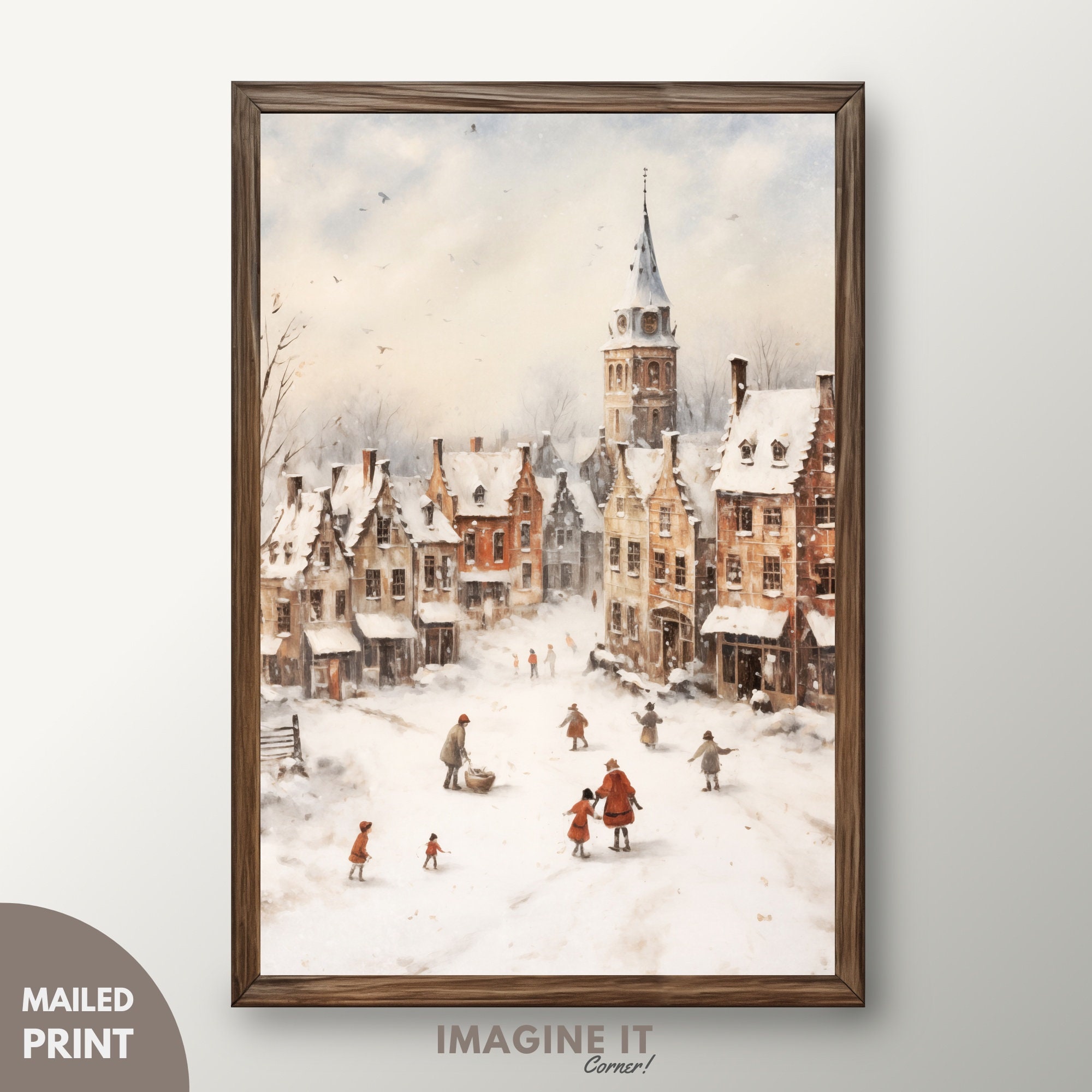 Winter Village Wall Art Print Vintage Winter Landscape Snowy Town ...