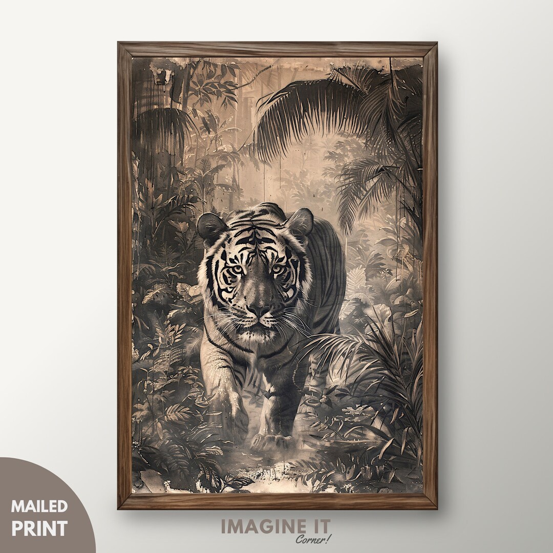 Tropical Tiger Wall Art Print Monochromatic Vintage Jungle Artwork ...