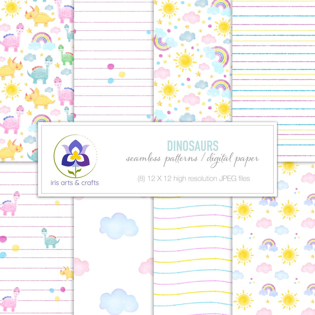 8 Watercolor Dinosaurs Seamless Patterns, Digital Paper Set, Sun and ...