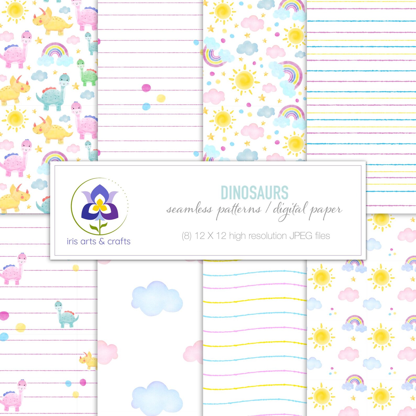8 Watercolor Dinosaurs Seamless Patterns, Digital Paper Set, Sun and ...
