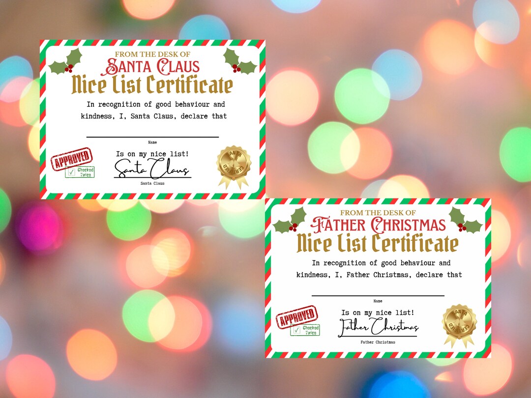 Printable Nice List Certificates Instant Download Christmas Reward for ...