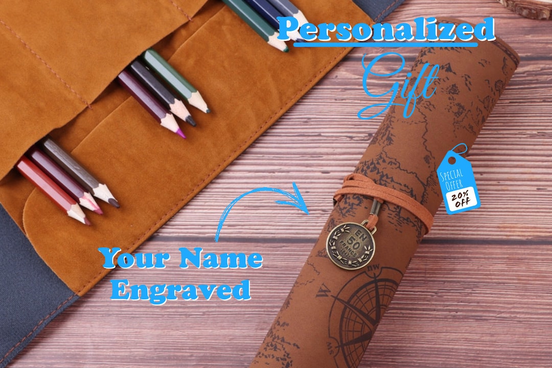 Personalized Leather Faux Pencil Roll-up Case Engraved With Your Name ...