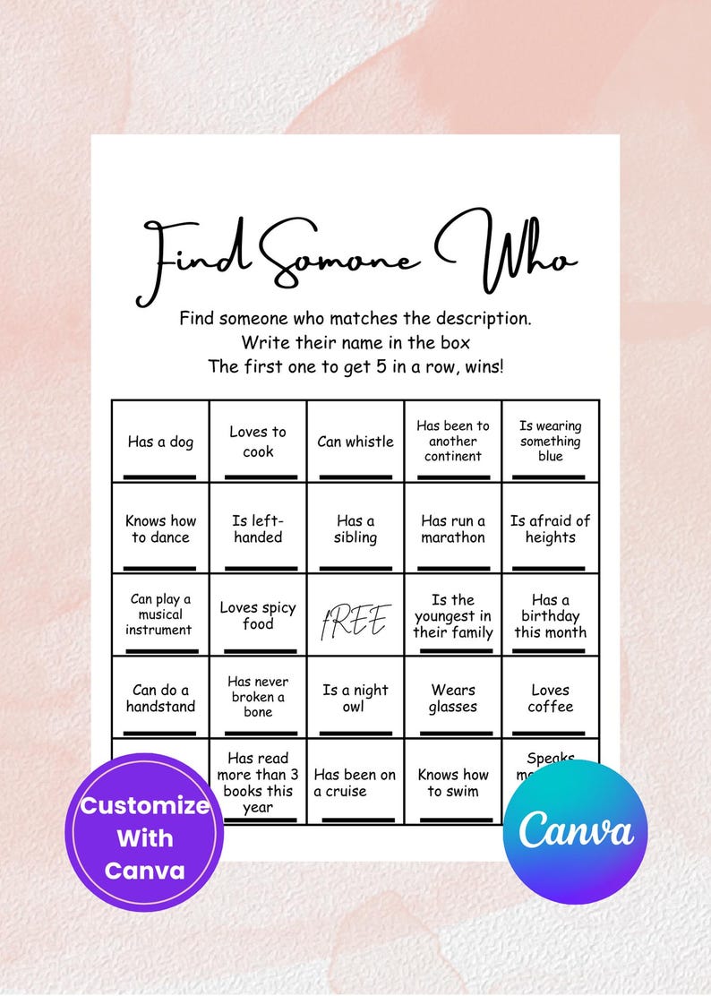 Find Someone Who Bingo Icebreaker | Icebreaker Printable Games ...