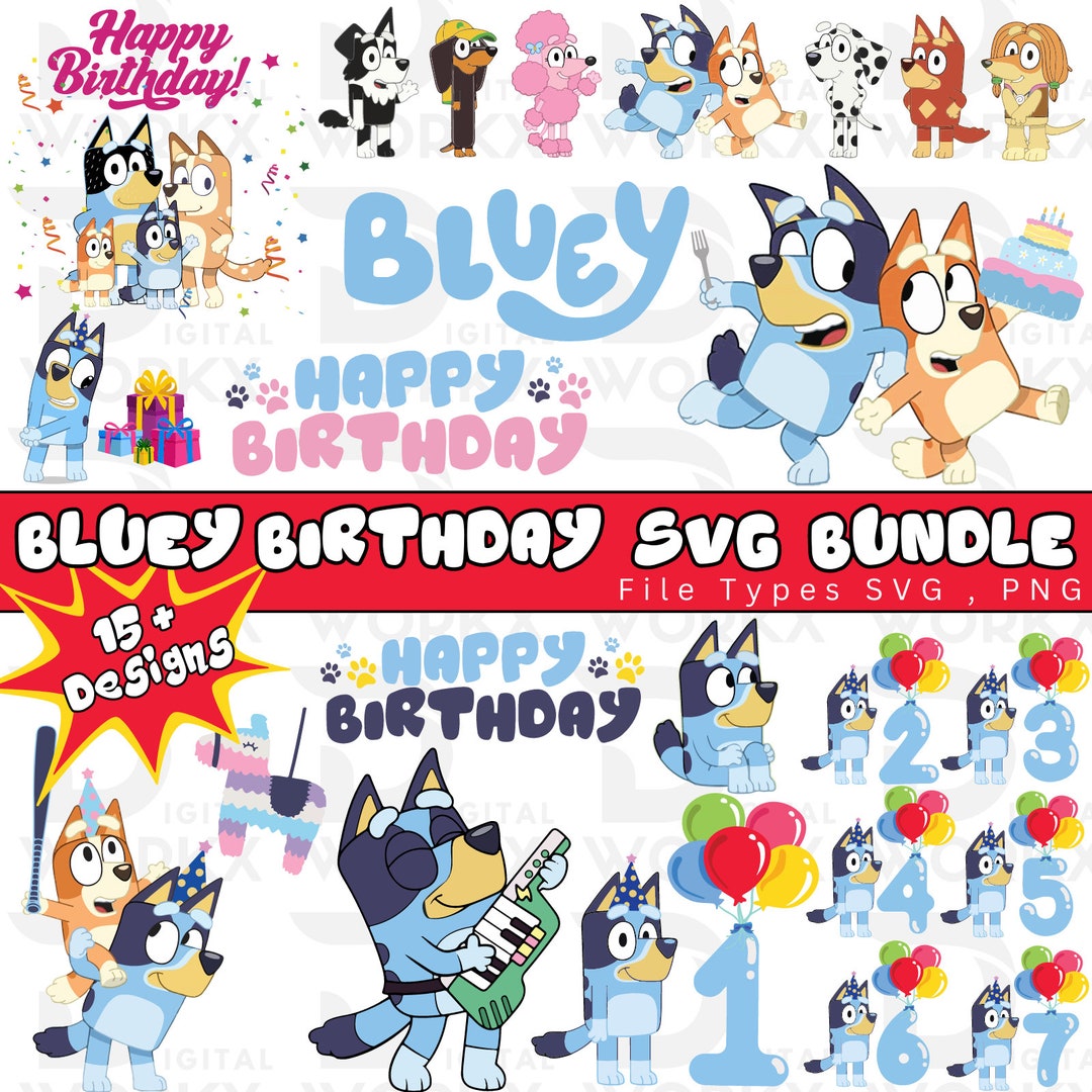 Paquete de cumpleaños Blu-ey SVG, Camisa Blu-ey, Bluey SVG PNG, Cumpleaños Blu-ey, Familia Blu ...