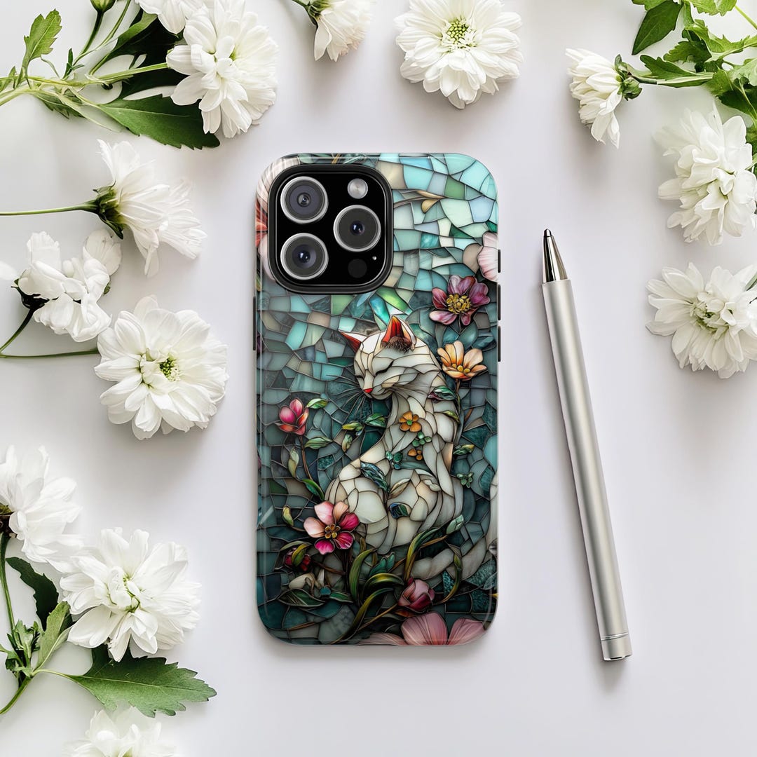 Artistic White Cat Stained Glass Print, Tough Phone Case for iPhone and ...