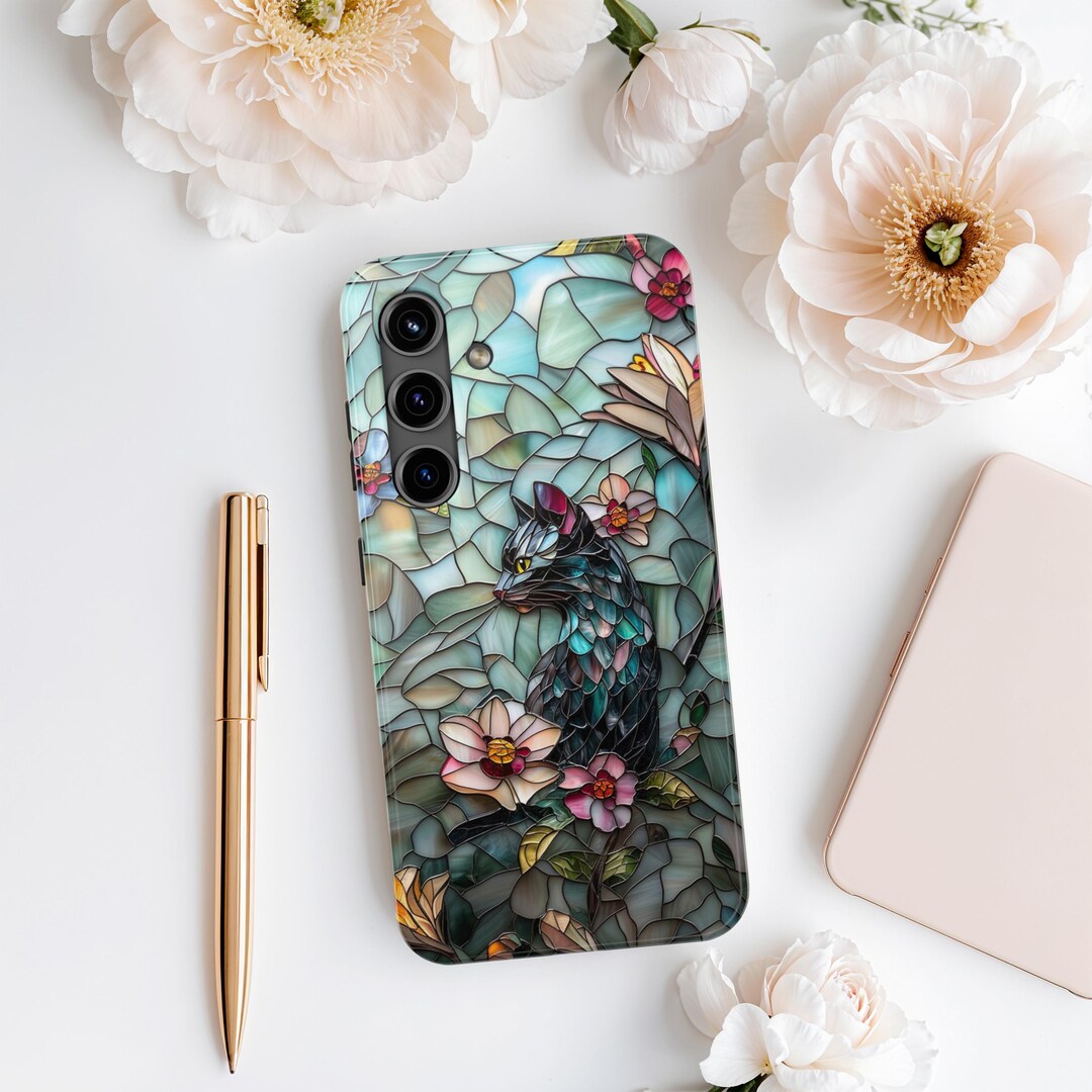 Artistic Black Cat Stained Glass Print, Tough Phone Case for Samsung ...