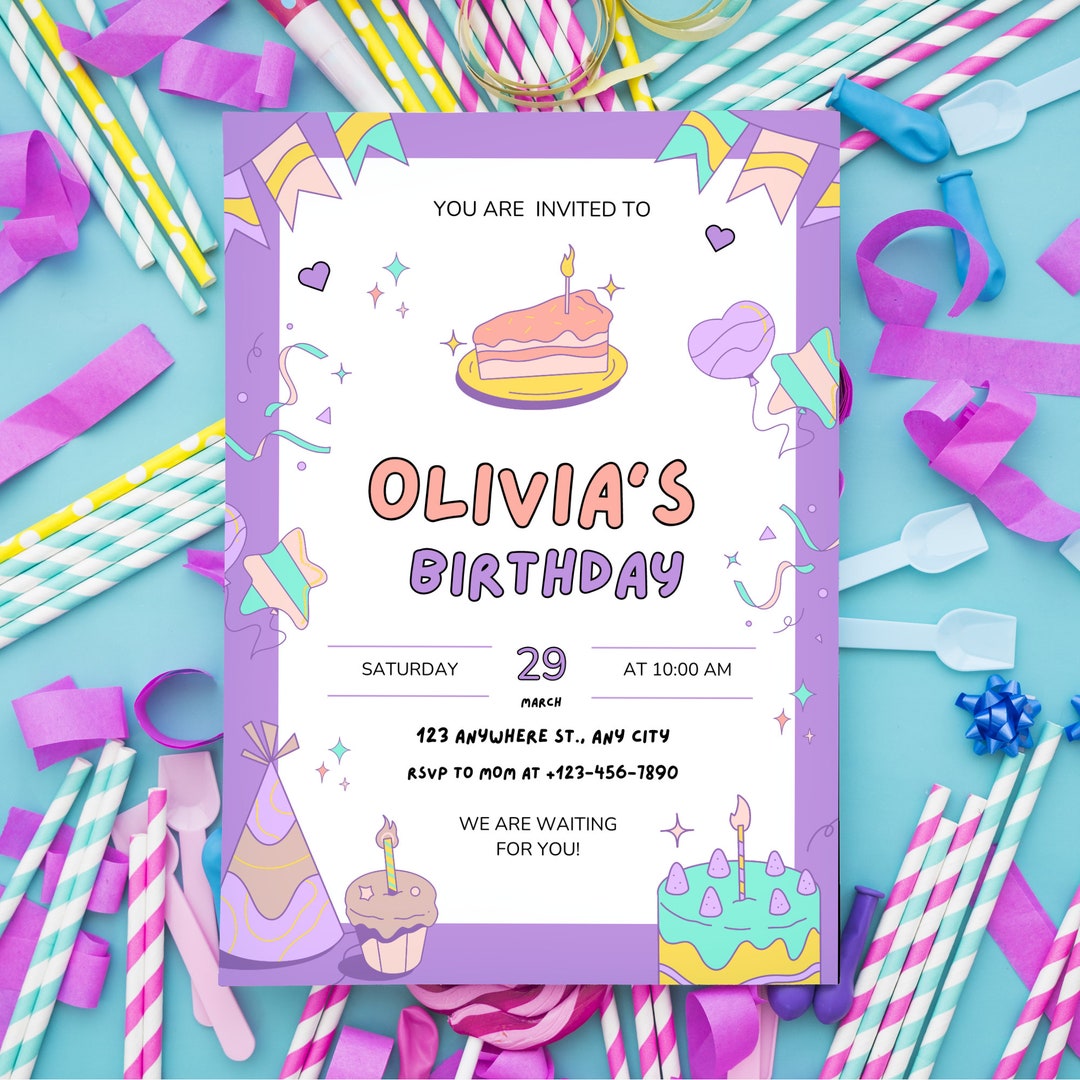 Purple Birthday Party Invitation, Editable Template, Digital Download ...