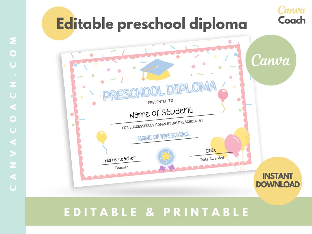 Editable Preschool Diploma, Preschool Diploma, Preschool Certificate ...