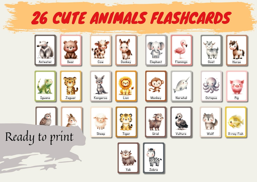 26 Cute Animal ABC Flashcards, Montessori Flash Cards, Pre-school and ...