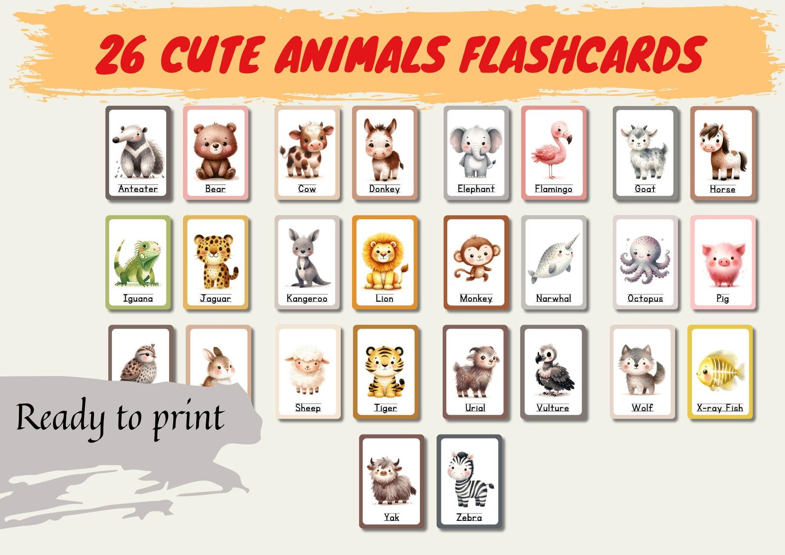 26 Cute Animal ABC Flashcards, Montessori Cards (printable) - Etsy