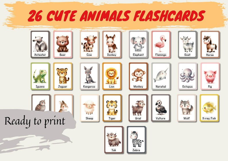 26 Cute Animal ABC Flashcards, Montessori Flash Cards, Pre-school and ...