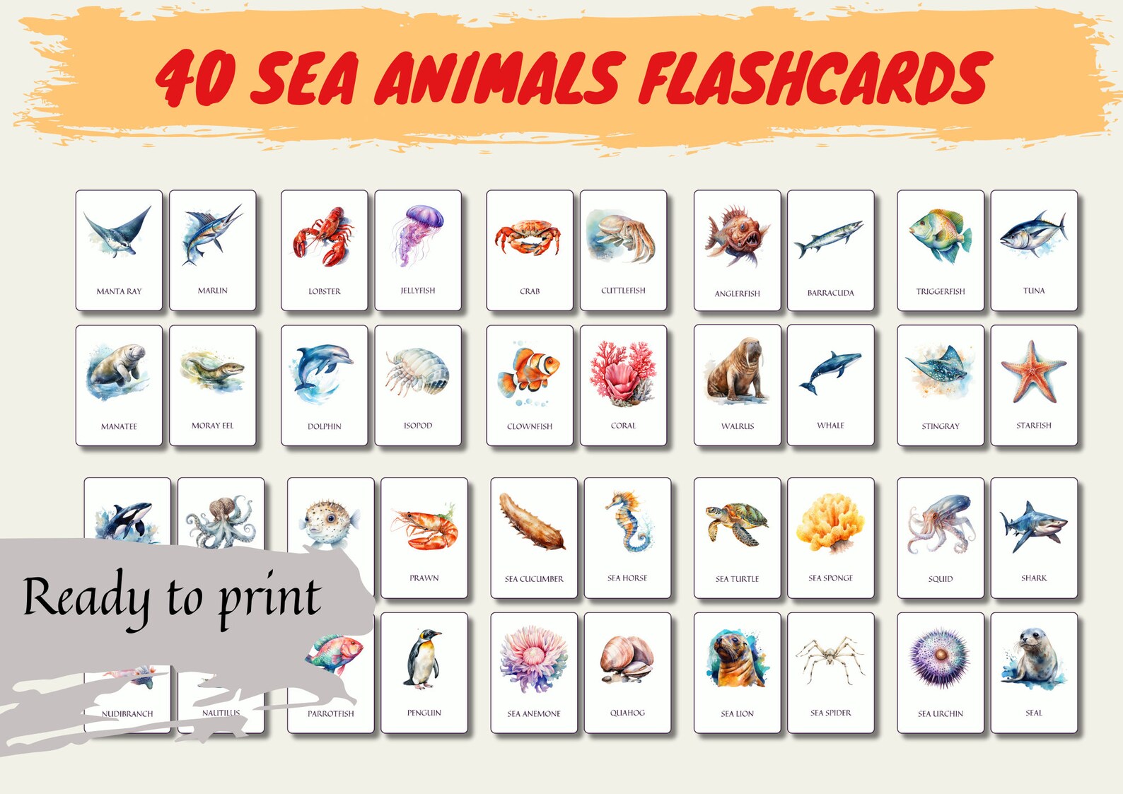 40 Sea Animals Flashcards | Montessori Flashcards | Ocean Animals ...