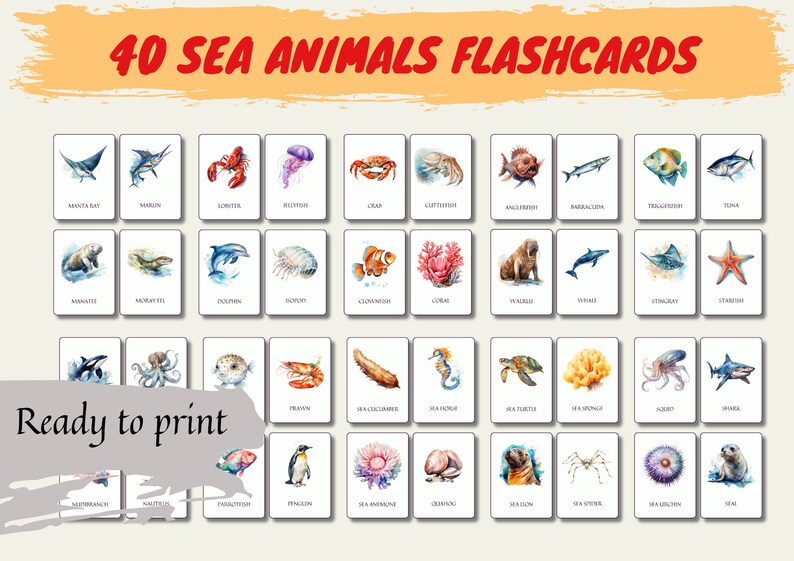 40 Sea Animals Flashcards | Montessori Flashcards | Ocean Animals ...