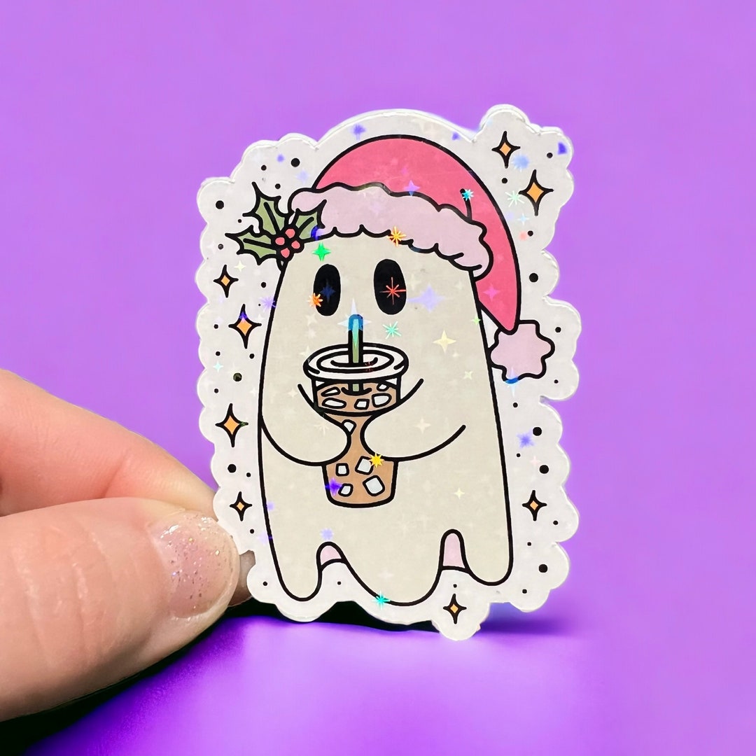 Holiday Kawaii Ghost Iced Coffee Holographic Sticker | Christmas ...