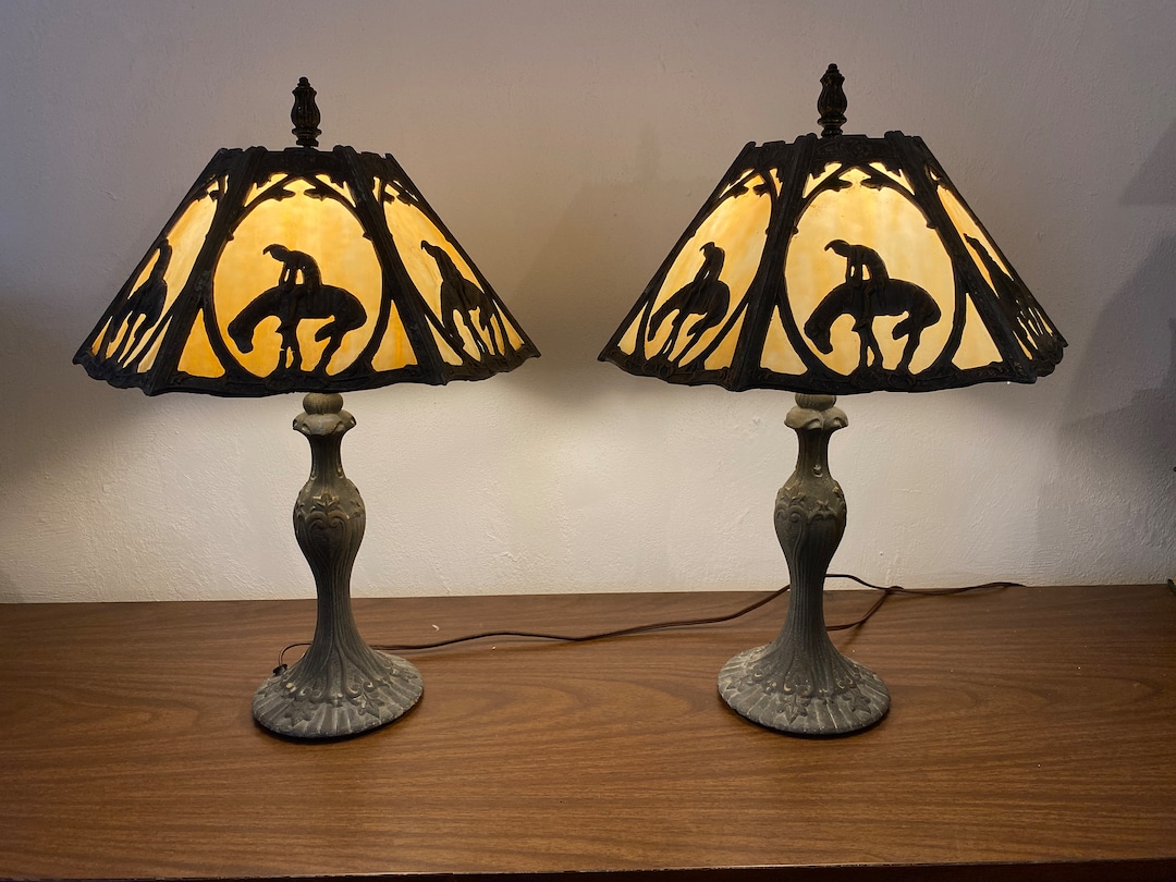 PAIR of Six Panel End of the Trail Table Lamps With Glass Shades ...