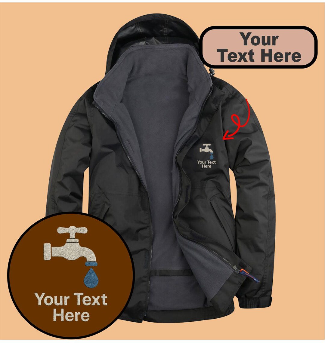 Personalised Embroidered Outdoor Jacket With Plumber Logo, Custom Text ...