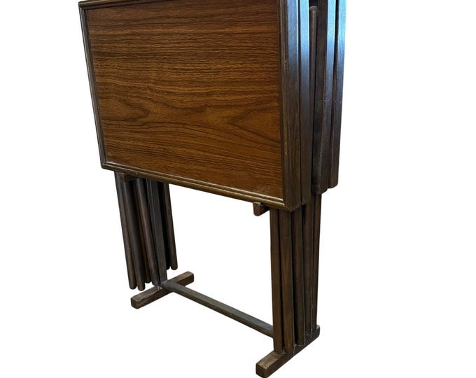Vintage 5 Piece MCM Solid? Wood TV Trays With Stand Dark Stained - READ ...