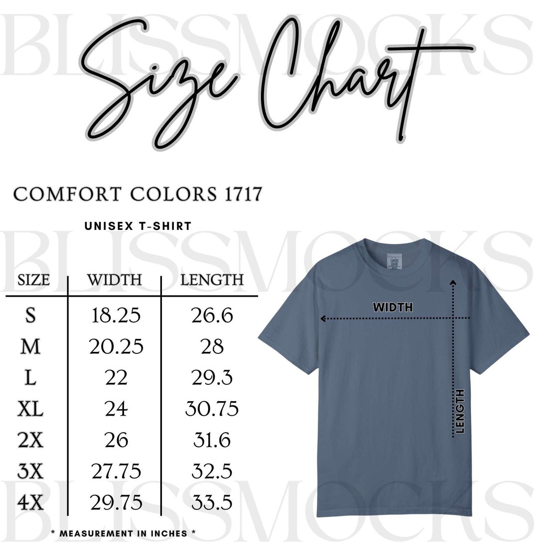 Comfort Colors 1717 Size Chart, C1717 Mockup, Unisex Size Chart, Flat ...