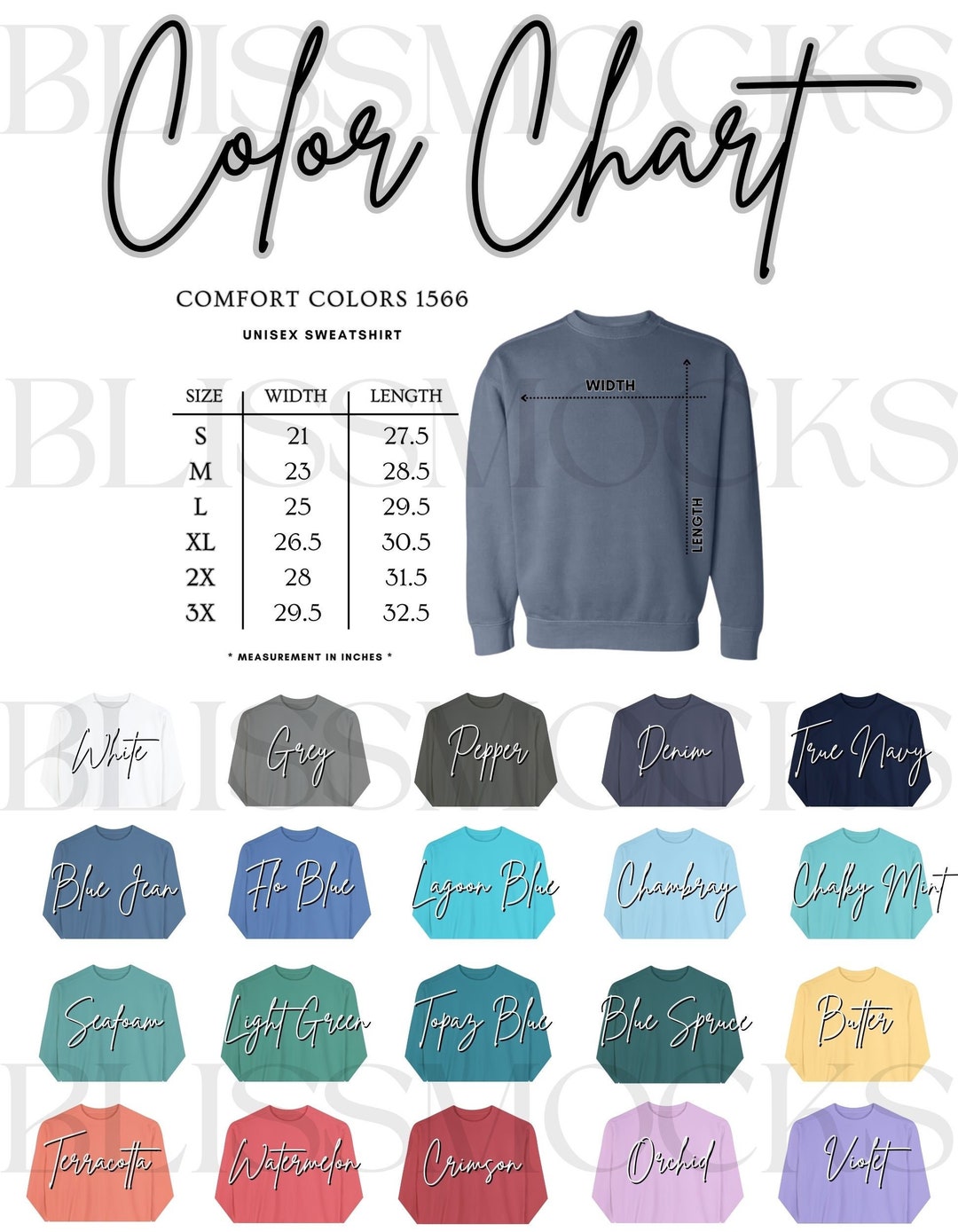 Comfort Colors 1566 Color Chart, 1566 Unisex Size Chart, 1566 Size ...