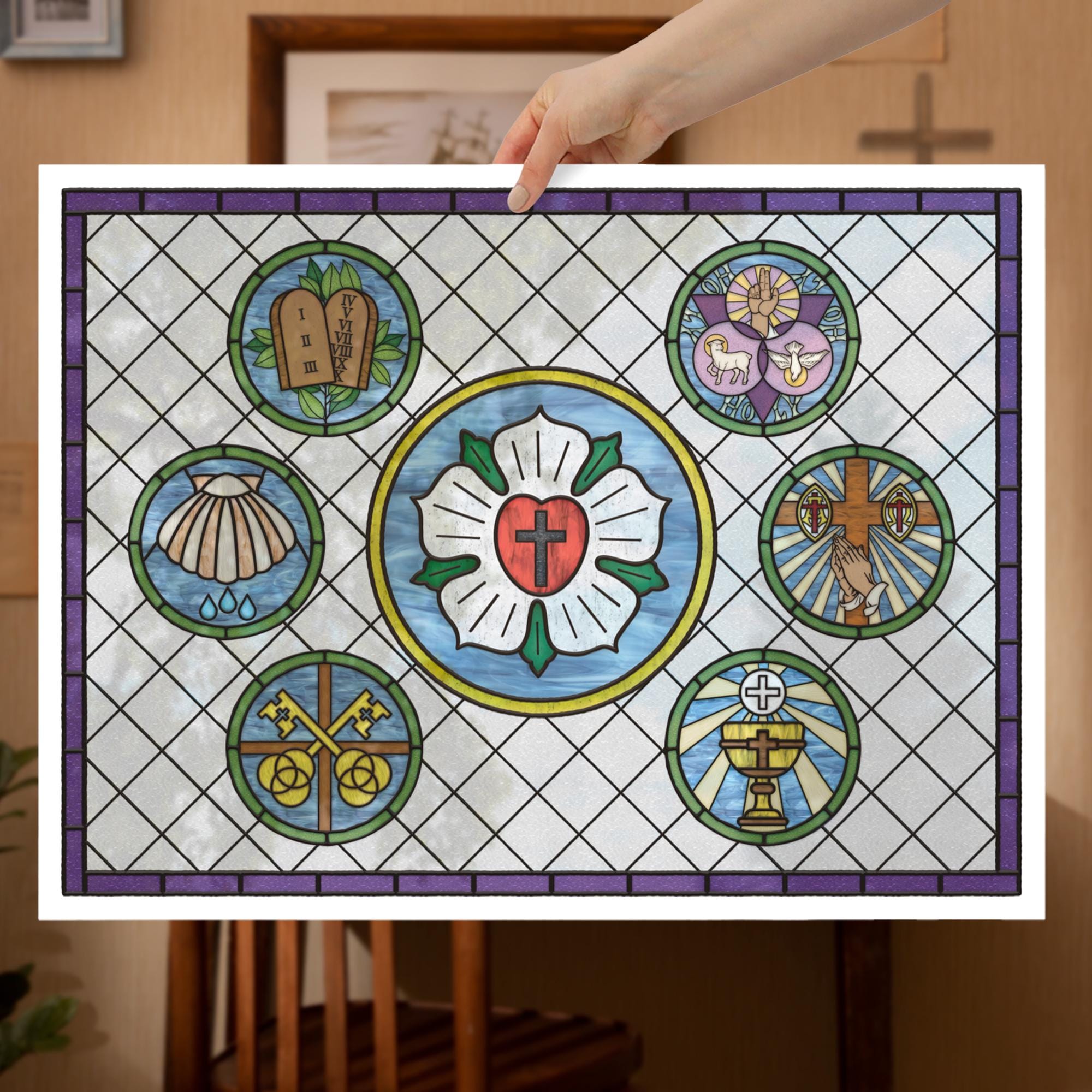 Stained Glass Design of Lutheran Rose and Small Catechism Symbols ...