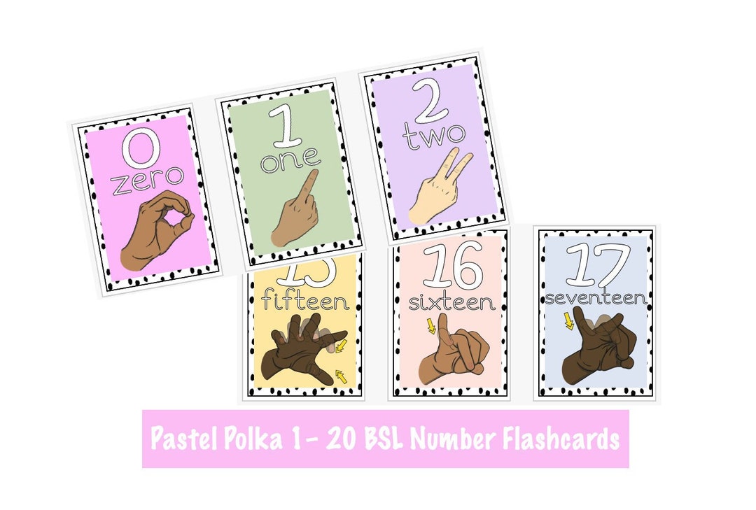 British Sign Language BSL 0 - 20 Number Flashcards Pastel Polka Dot ...