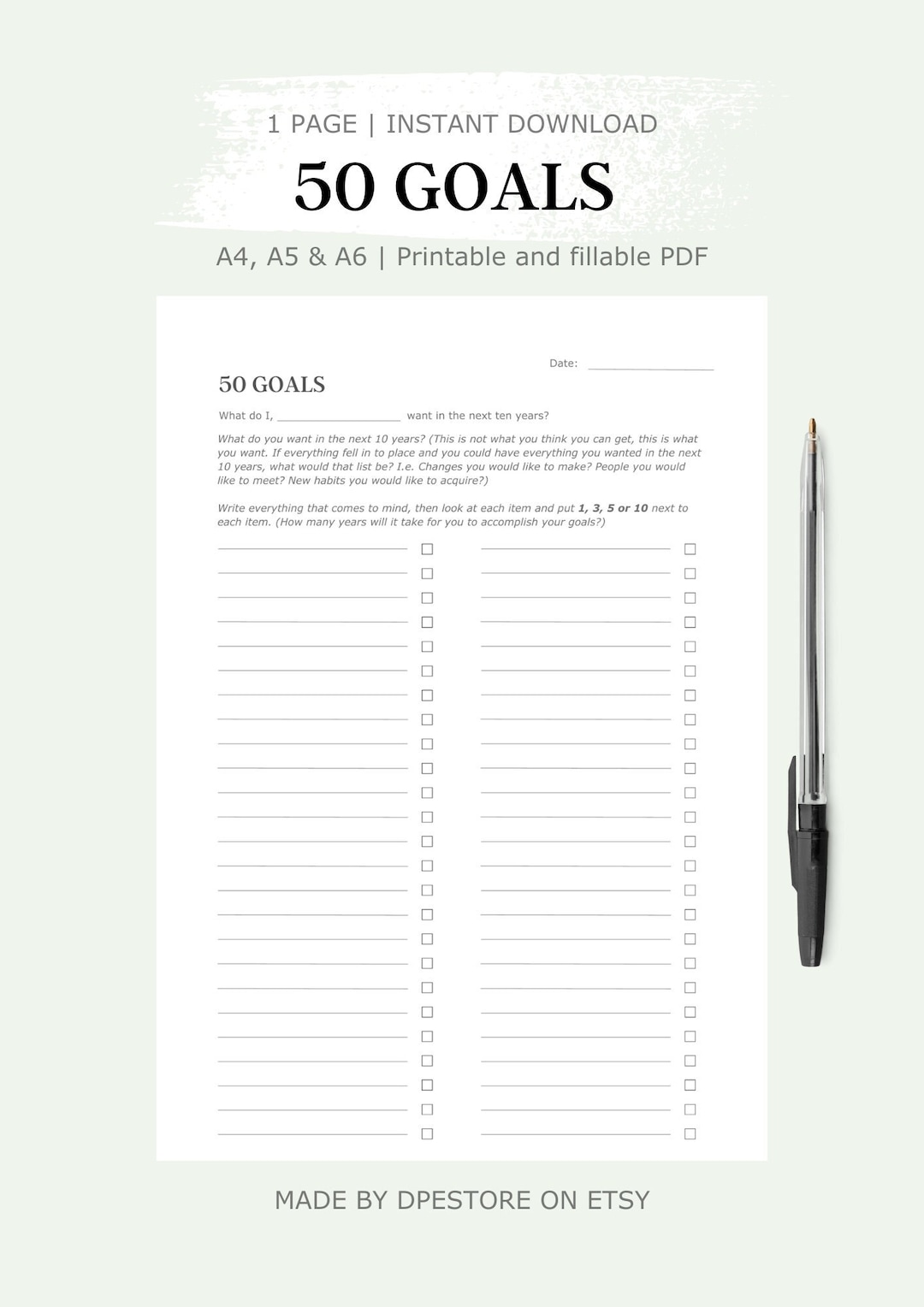 50 Goals Template Printable Fillable PDF - Etsy UK
