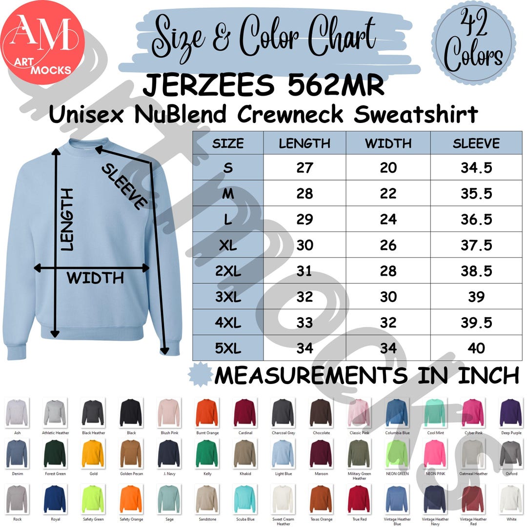 Jerzees 562MR Sweatshirt Size Chart: Unisex Nublend Crewneck (instant ...