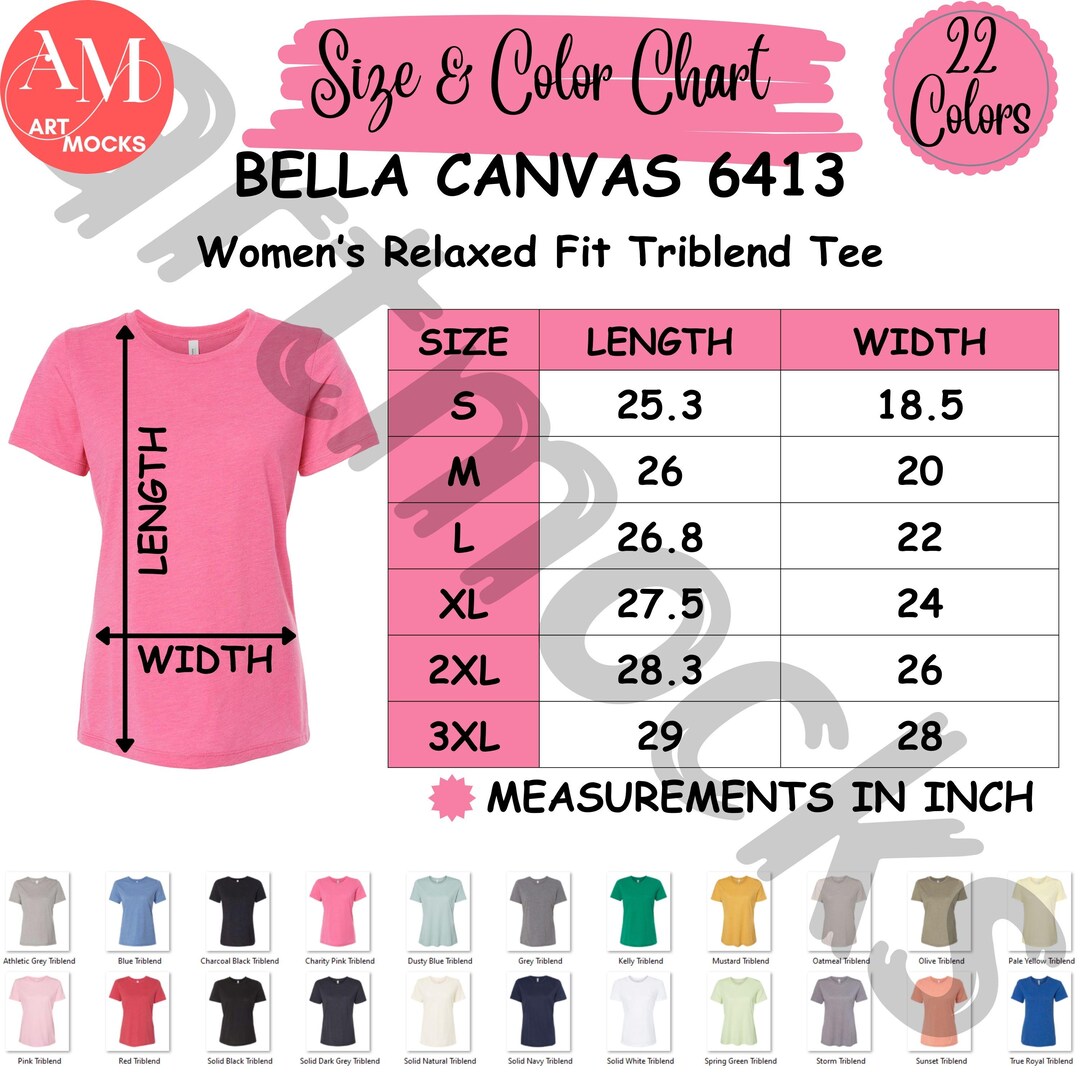 Tabla de tallas y colores de Bella Canvas 6413 Tabla de tallas y colores de camisetas de corte ...