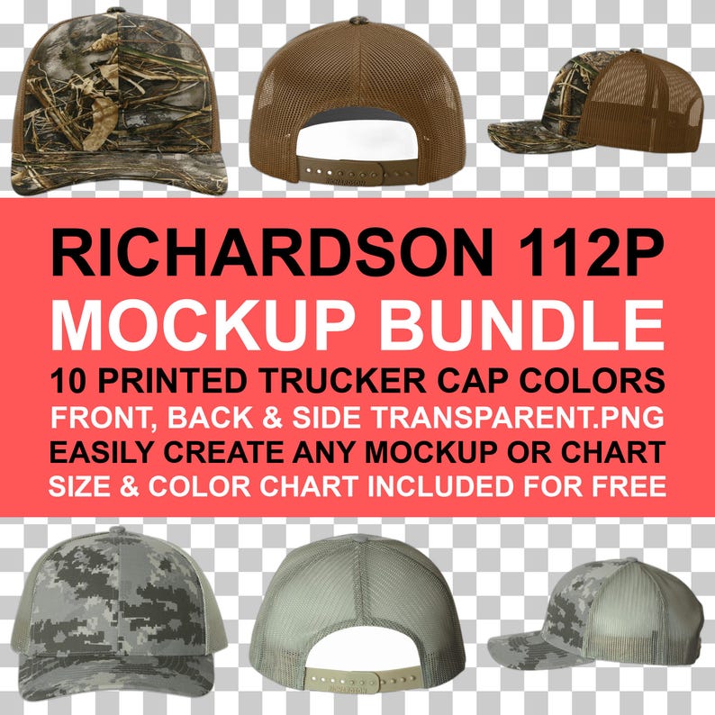 Richardson 112P Trucker Cap Mockup Bundle: Front & Back (PNG Digital ...