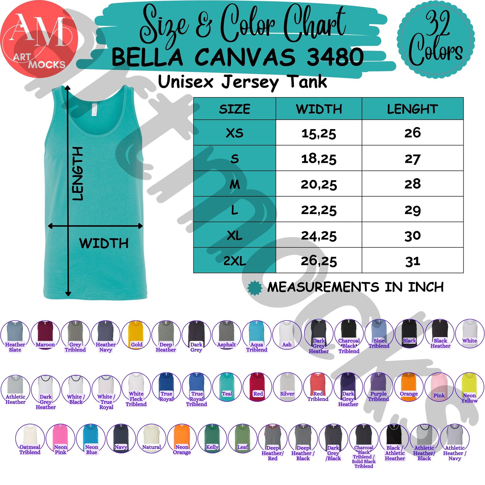 Bella Cancas 3480 Tank Size and Color Chart, 3480 Color Size Chart, No ...