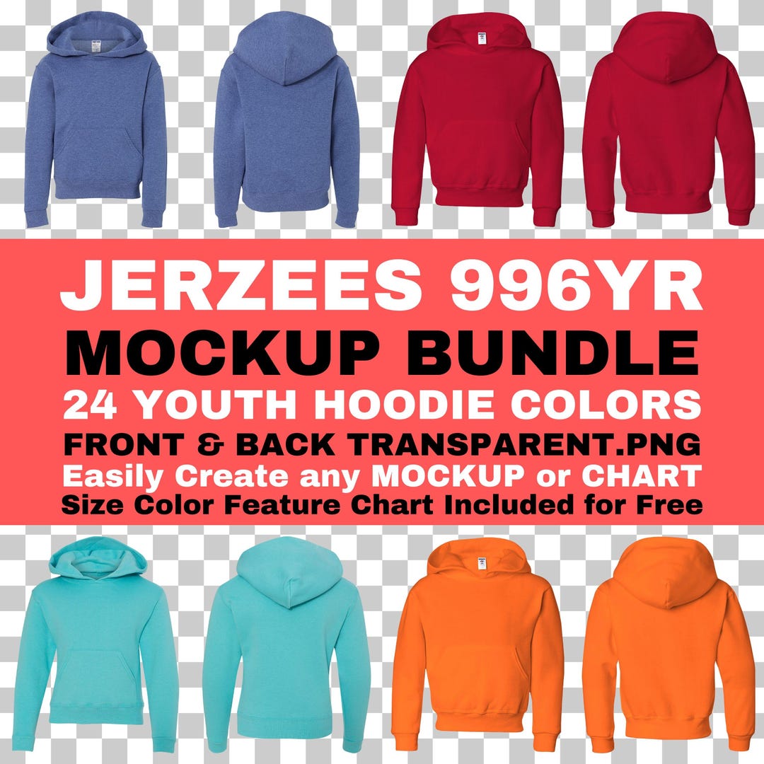 Jerzees 996YR Youth Hoodie Mockup Bundle: Front & Back (PNG ...