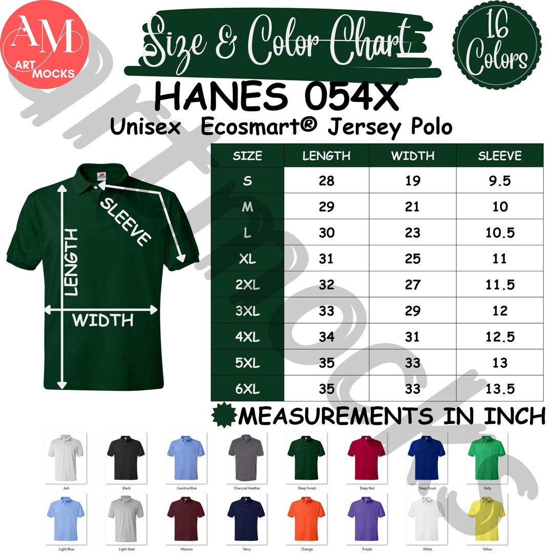 Hanes 054X Ecosmart Jersey Polo Size and Color Chart (instant Download ...
