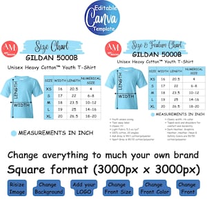 Gildan 5000B Fully Editable Canva Template Size Color Feature Chart ...