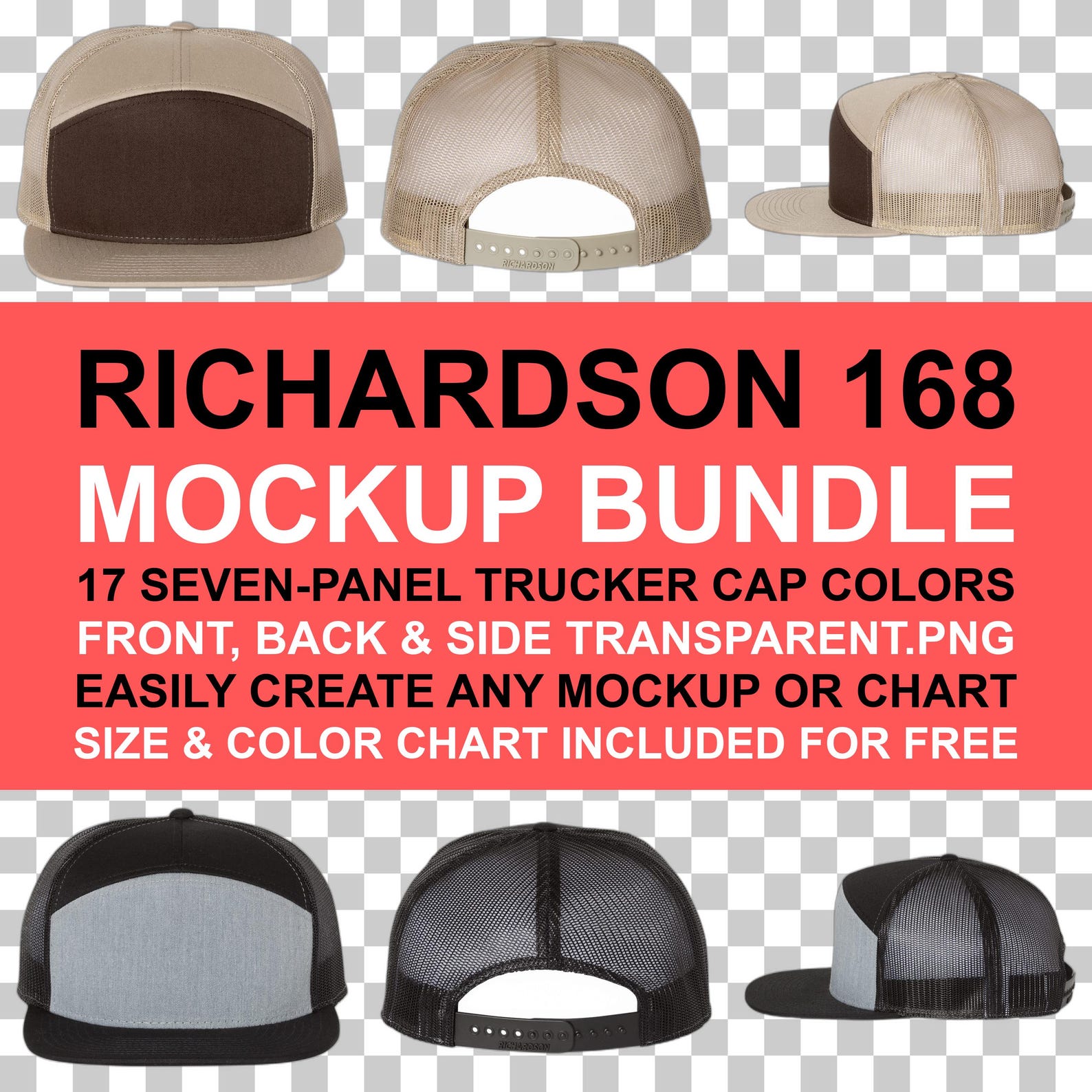 Richardson 168 Mockup Bundle: Trucker Cap Template, Color & Size Charts ...
