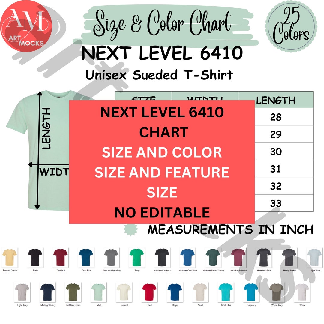 Next Level 6410 Color Size Feature Chart, NL6410 Size Color Feature ...