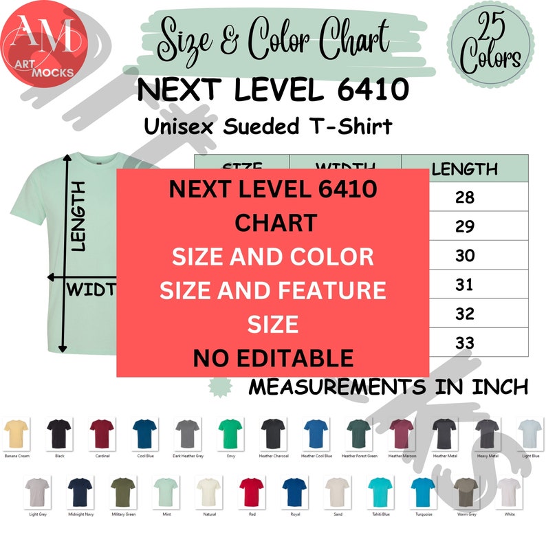 Next Level 6410 Color Size Feature Chart, NL6410 Size Color Feature ...