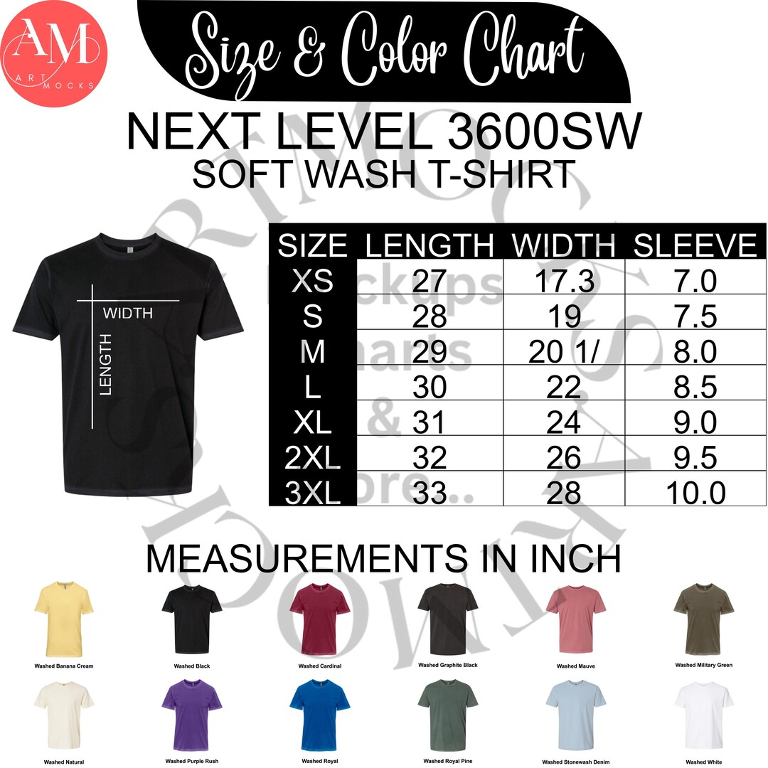 Next Level 3600SW Chart Bundle Soft Wash T-shirt Size and Color Chart ...