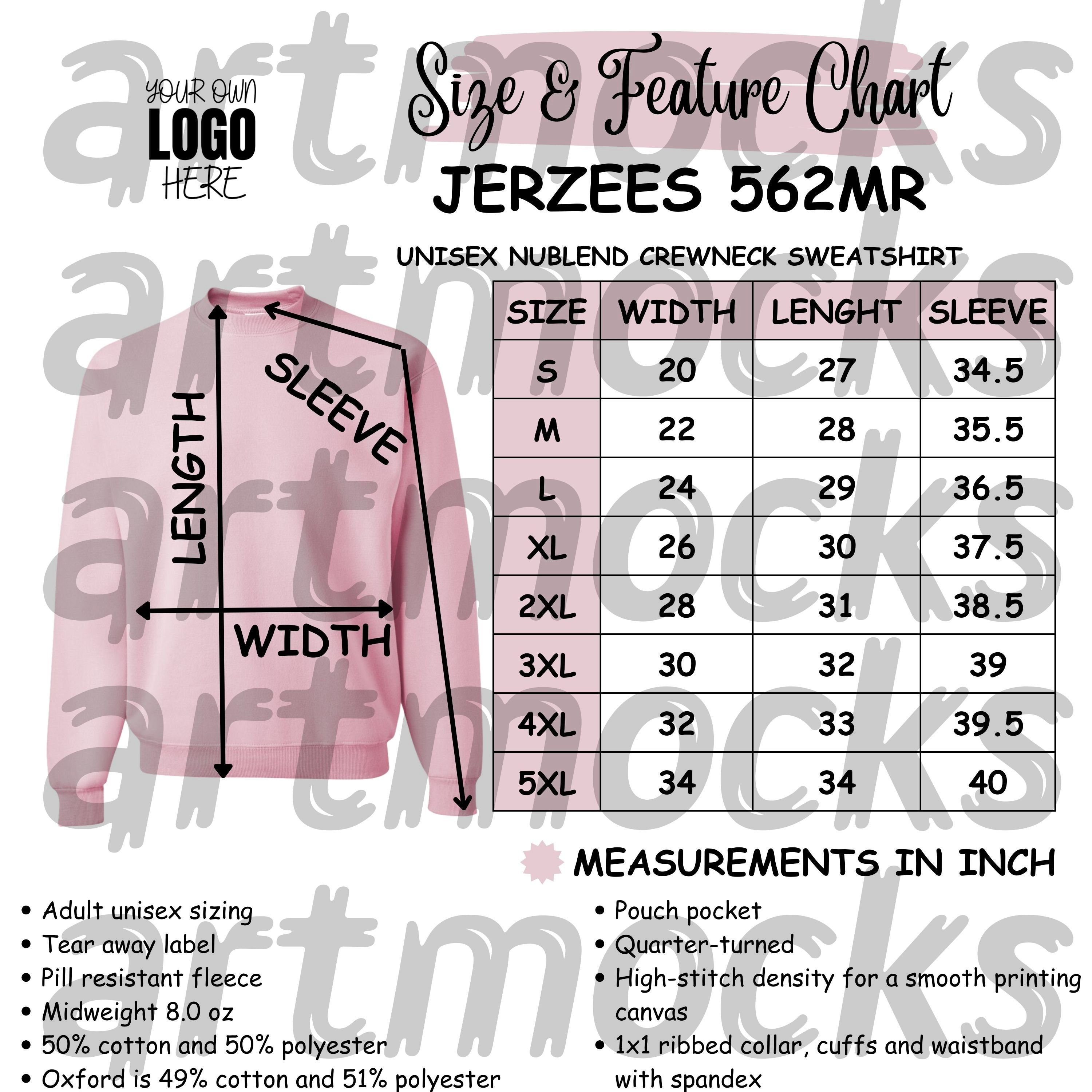 Jerzees 562MR Size and Color and Feature Chart No Editable - Etsy
