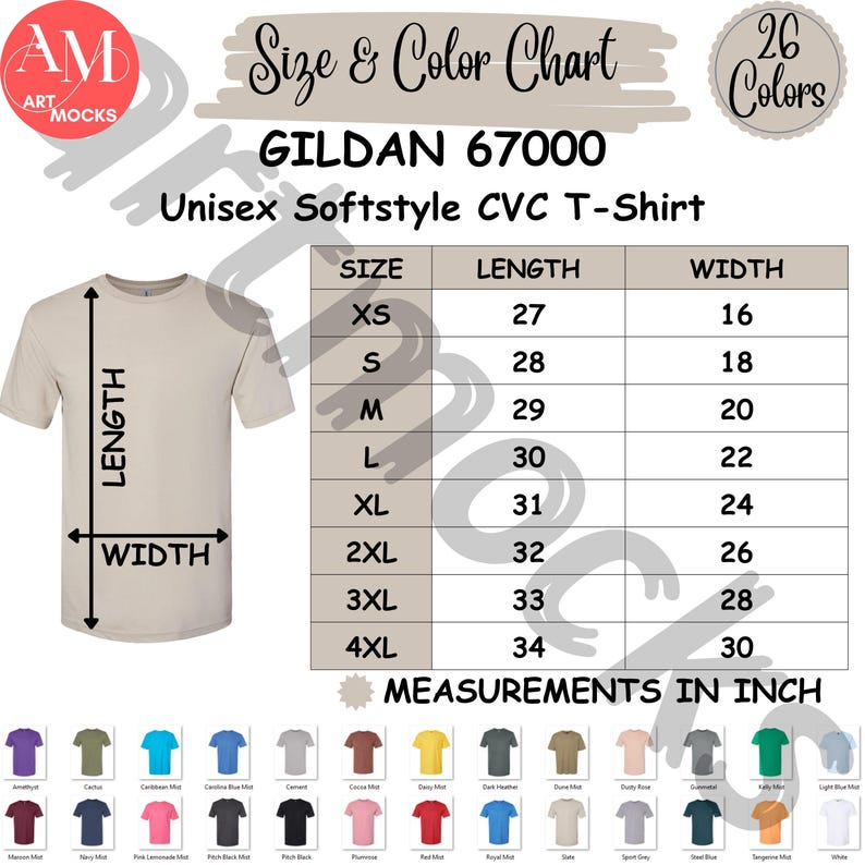 Gildan 67000 Chart Bundle Unisex Softstyle CVC T-shirt Size Color ...