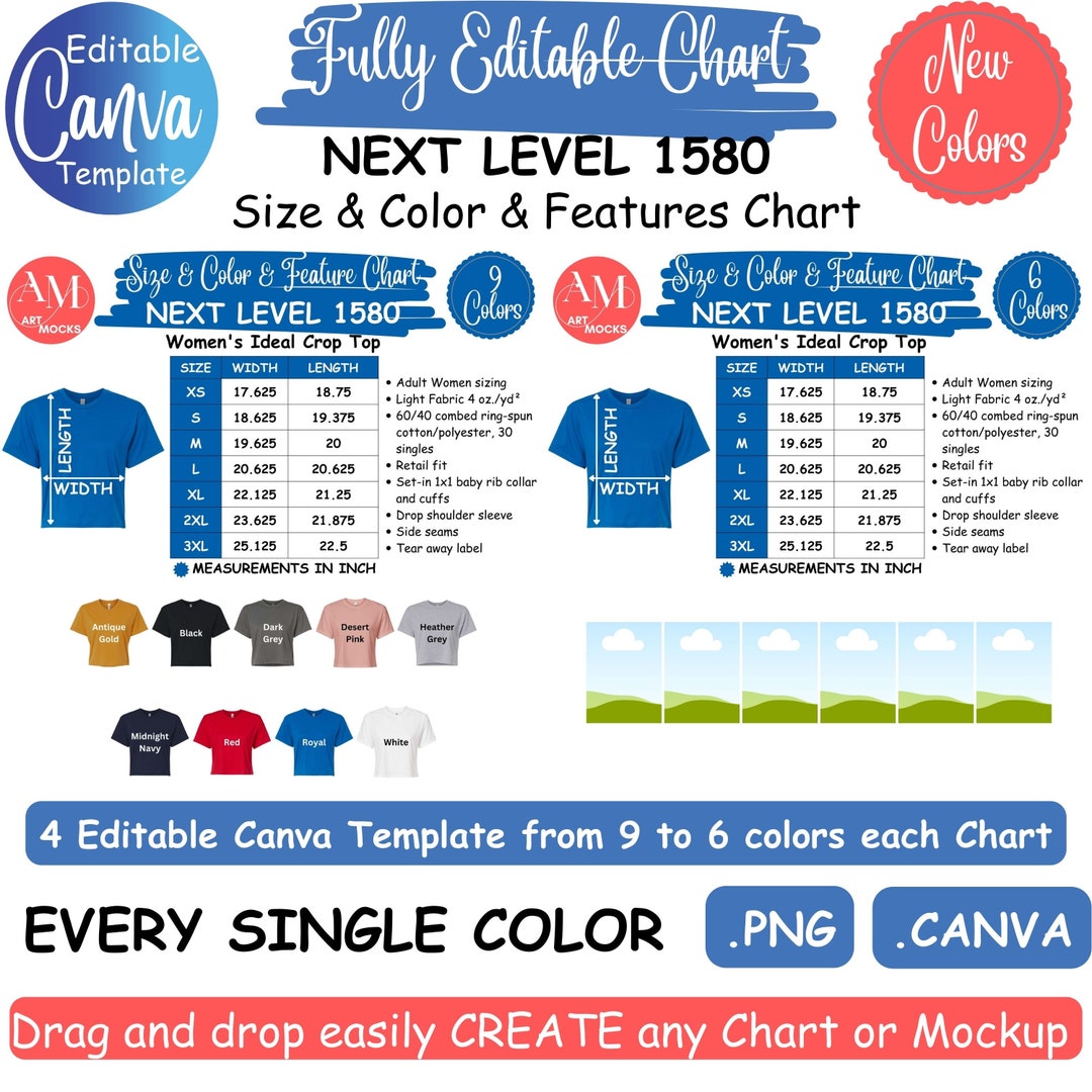Next Level 1580 Crop Top Mockup: Editable Canva Size Chart (digital ...