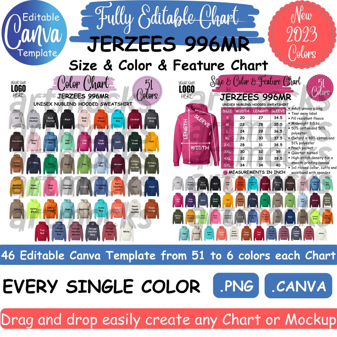 Jerzees 996MR Hoodie Mockup Bundle: Editable Canva Color Chart (digital ...
