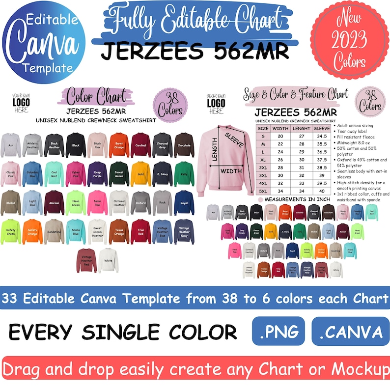 Jerzees 562MR Sweatshirt Editable Canva Template 562MR Color and Size ...