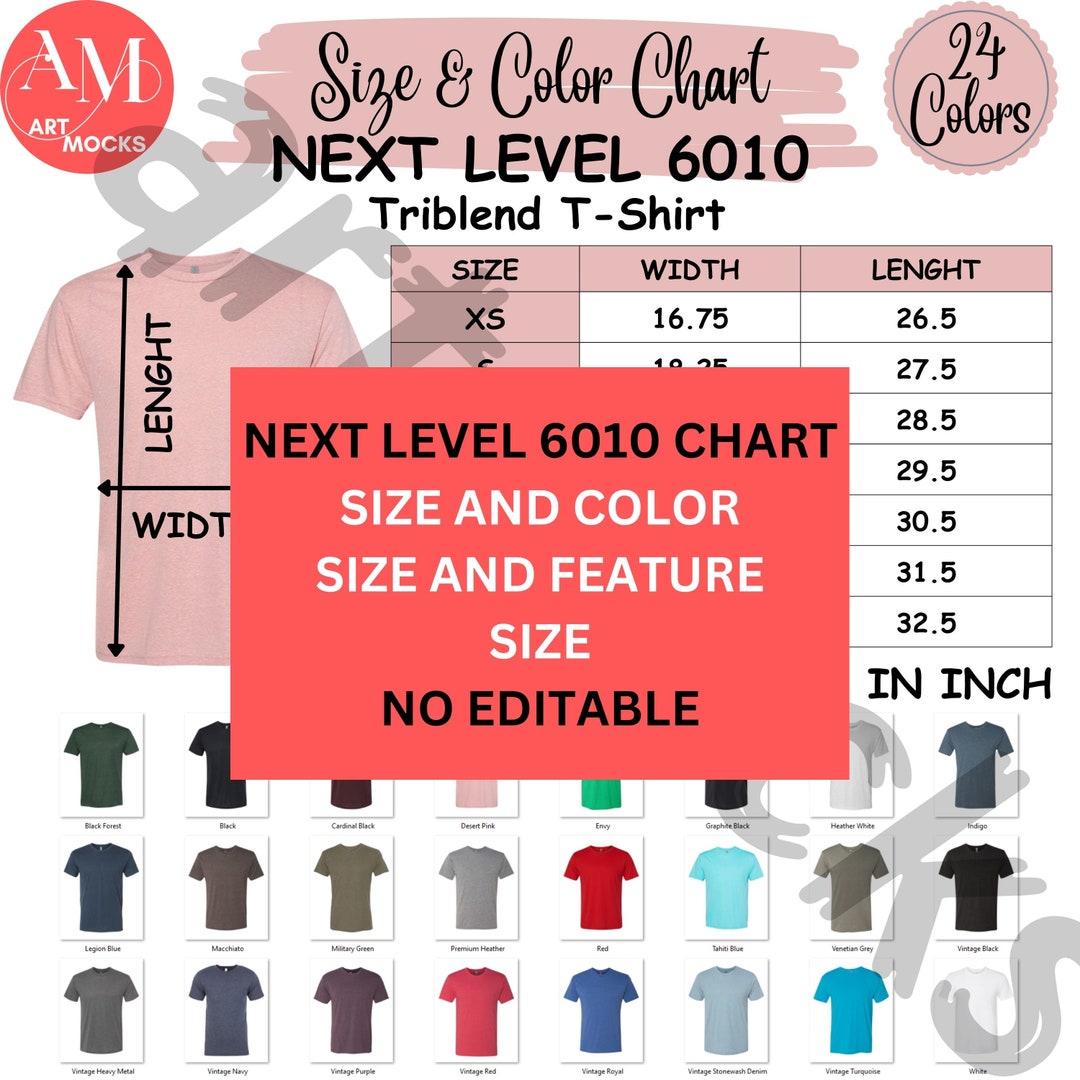Next Level 6010 T-shirt Size Chart: Color & Feature Guide (digital ...