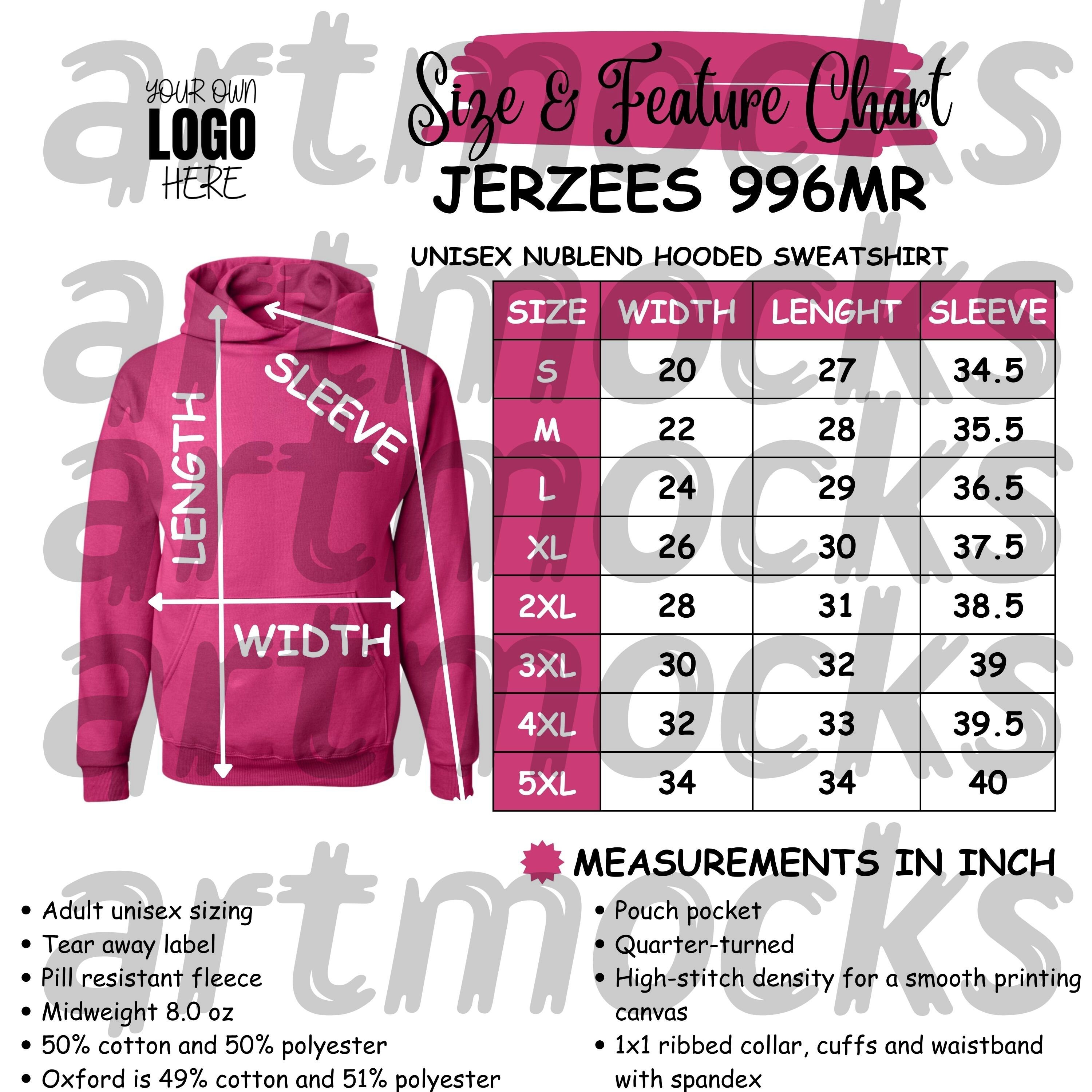 Jerzees 996MR Size and Color and Feature Chart No Editable - Etsy