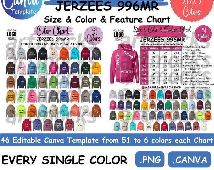 Editable Jerzees 996MR Color Chart & Size Chart, Canva Template, 996MR ...