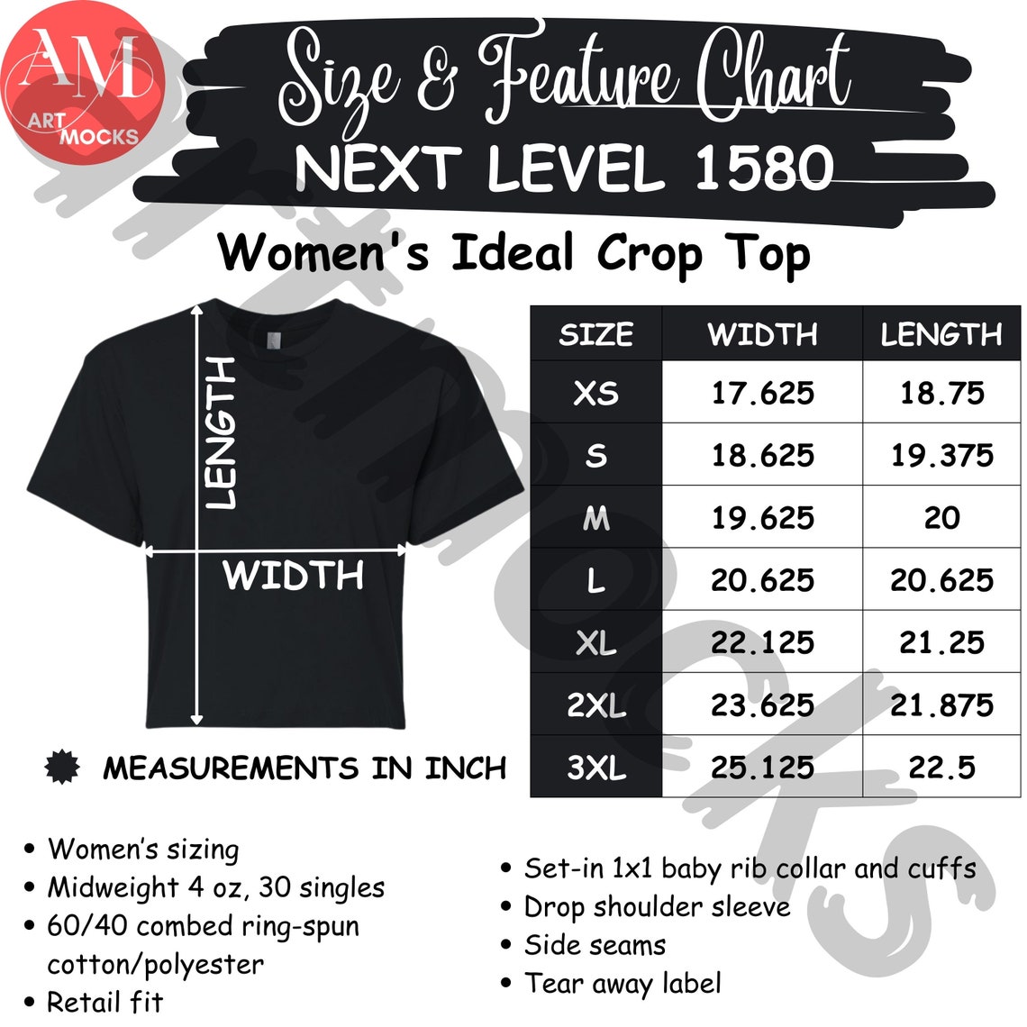 Next Level 1580 Women Ideal Crop Top Size Color and Feature Chart ...