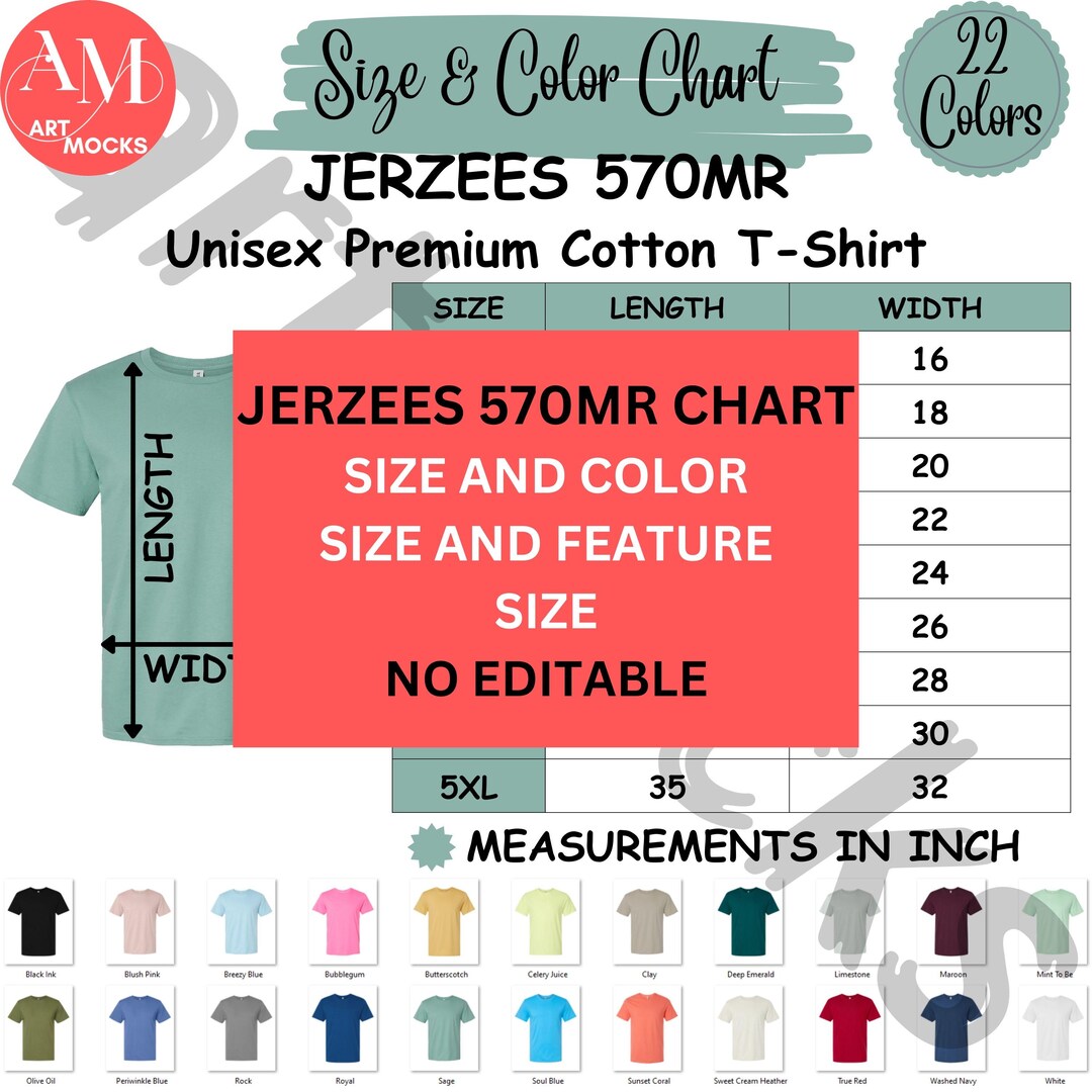 Jerzees 570MR T-shirt Chart Bundle: Size & Color Guide (digital ...