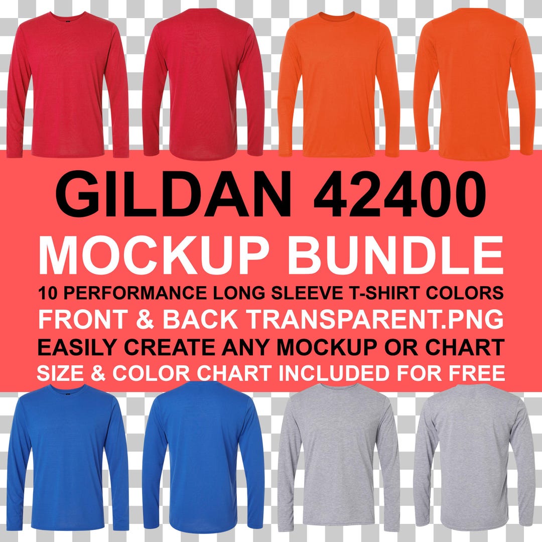 Gildan 42400 Mockup Bundle: Long Sleeve T-shirt, Size Color Chart (PNG ...