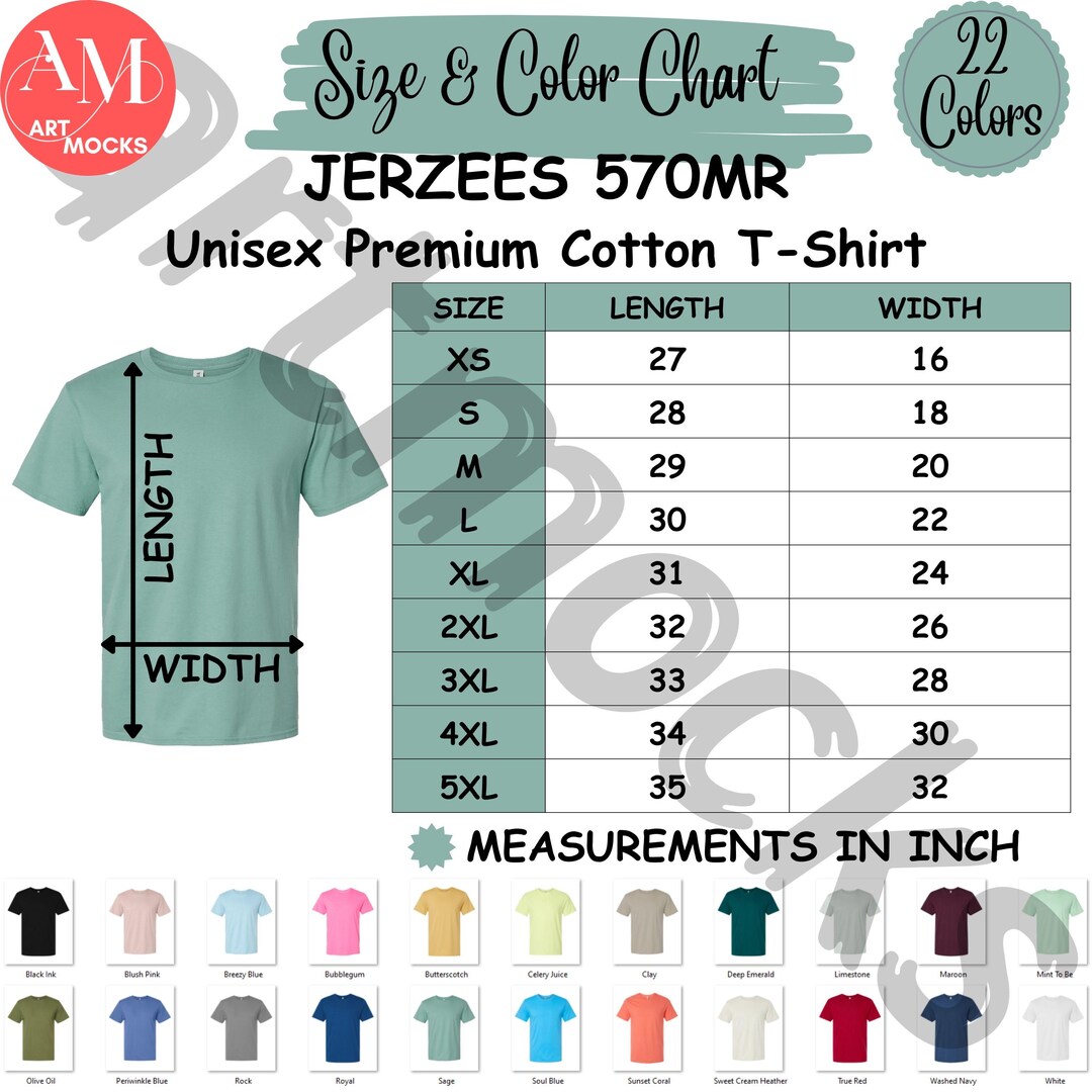Jerzees 570MR Size and Color Chart Unisex Premium Cotton T-shirt Color ...
